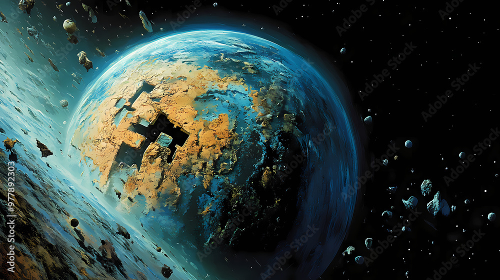 An imaginative depiction of a planet undergoing terraforming, with ...