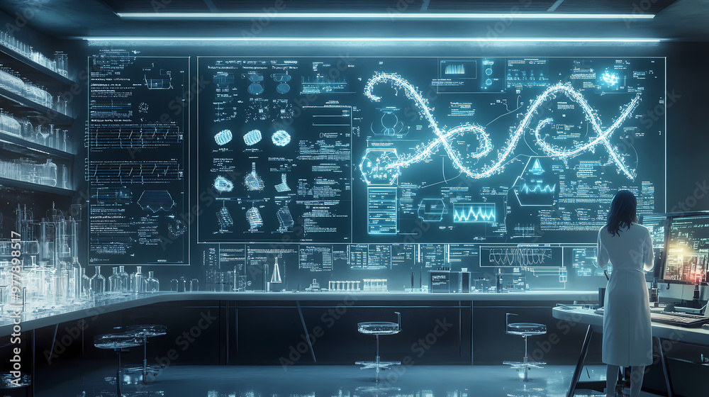 Biotech researcher's wall: featuring genetic diagrams, lab equipment ...