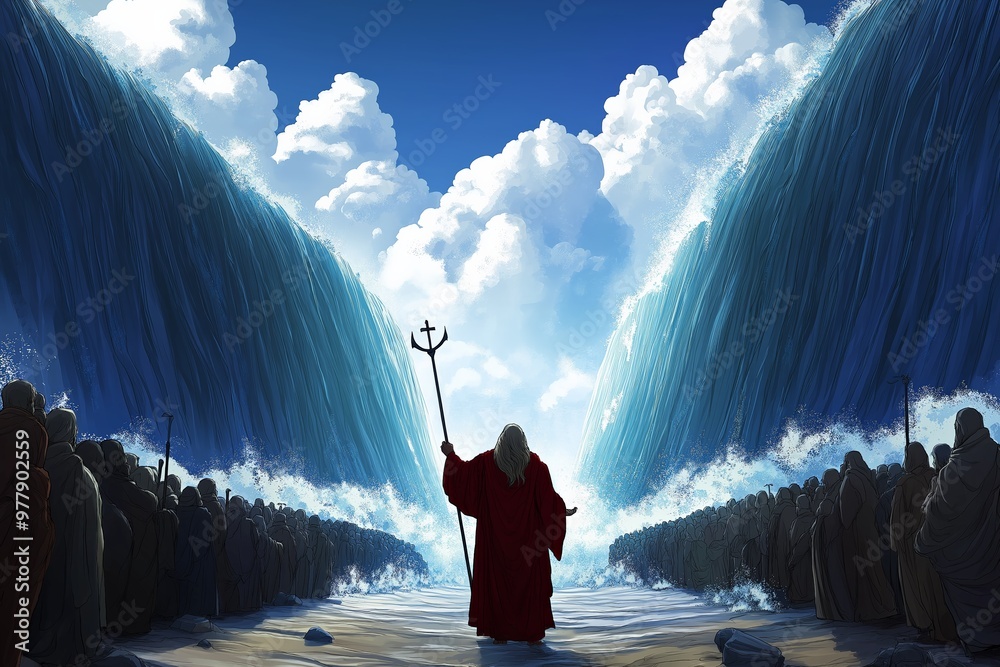Moses parting the Red Sea, leading his people to safety, biblical scene ...