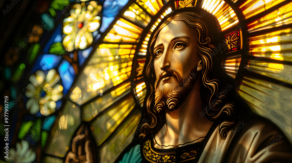 Stained Glass Jesus: Golden Divine Light, Blues and Greens, Sermon on ...