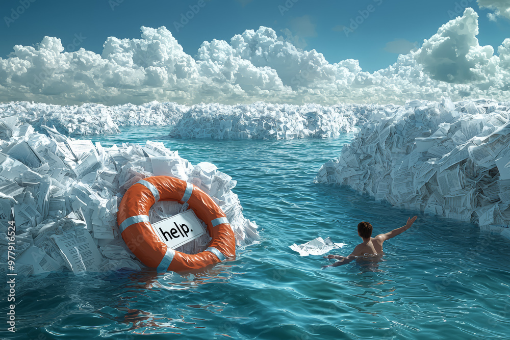A person drowning in a sea of paperwork, reaching for a lifebuoy ...