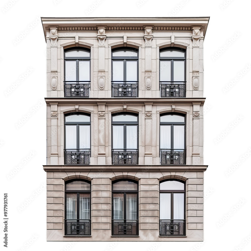 Classical stone building facade with many windows and balconies showing ...