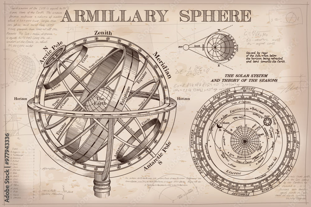 Vintage poster of Armillary sphere. Model of the earth in space ...