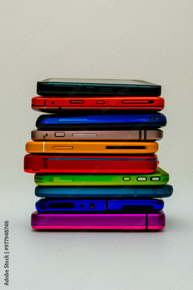 A stack of different cell phones stacked on top of each other, each ...