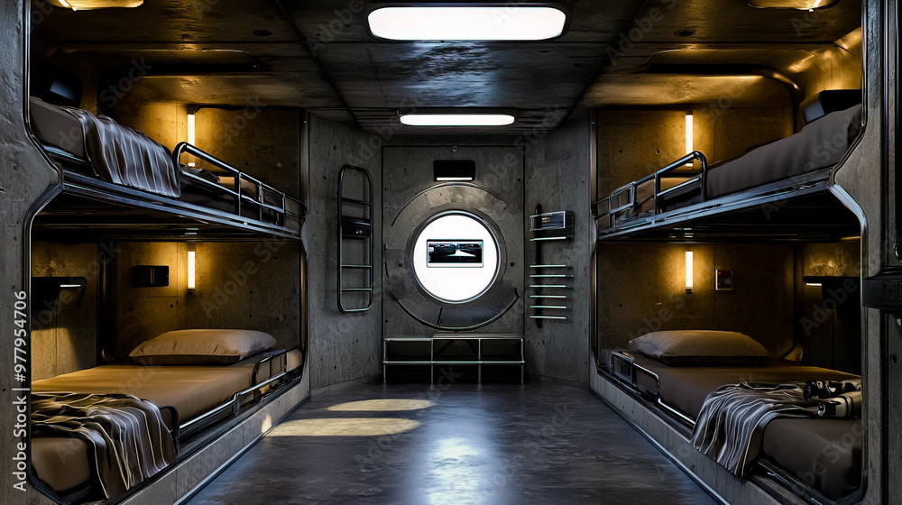 Interior of a modern bomb shelter, featuring a rugged yet sleek design ...
