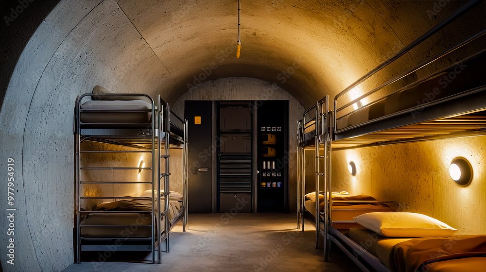 Interior of a modern bomb shelter, featuring a rugged yet sleek design ...