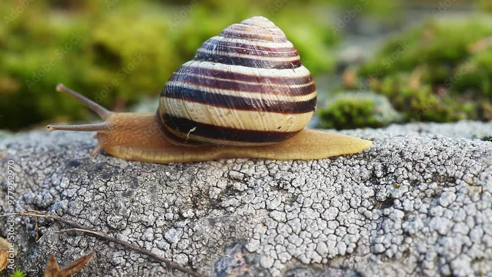 Cepaea hortensis snail mollusc macro view. A garden snail moves by ...