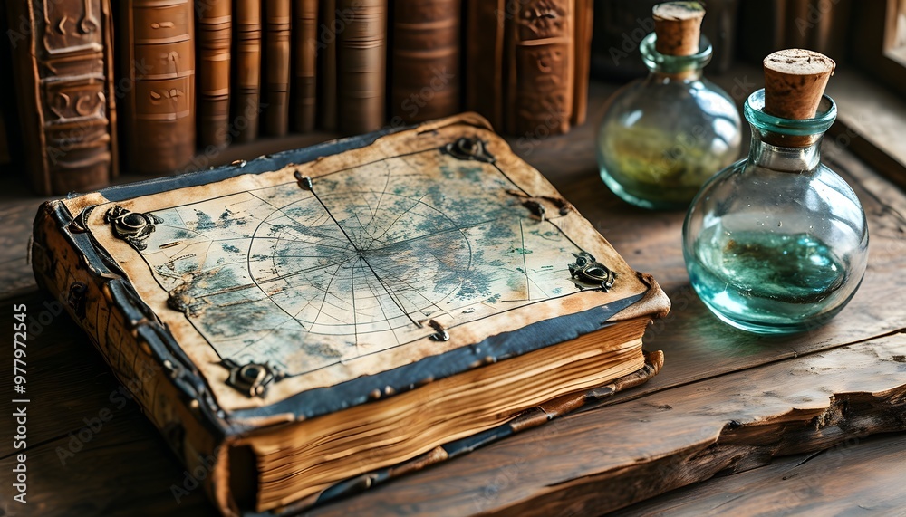 Mystical charm of vintage alchemy book surrounded by ancient maps and ...