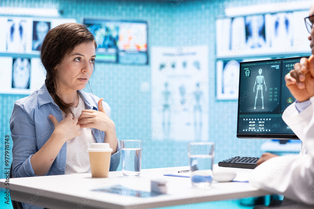 Female patient listening to a diagnostic report from doctor based on ...