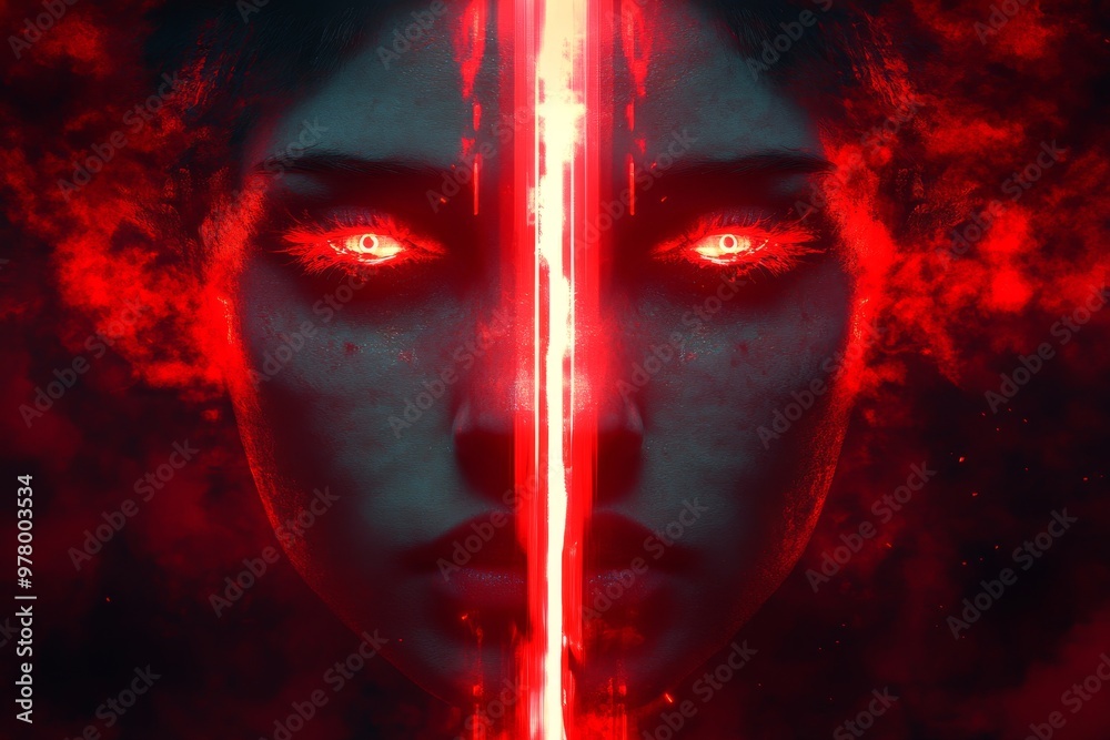 Red Abstract Face with Glowing Eyes in Dark Setting Representing ...