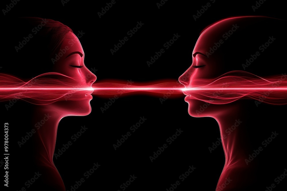 Silhouette Faces with Red Energy Stream Between Representing ...