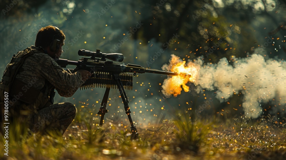 A soldier lying down shoots a machine gun. A military man makes shots ...
