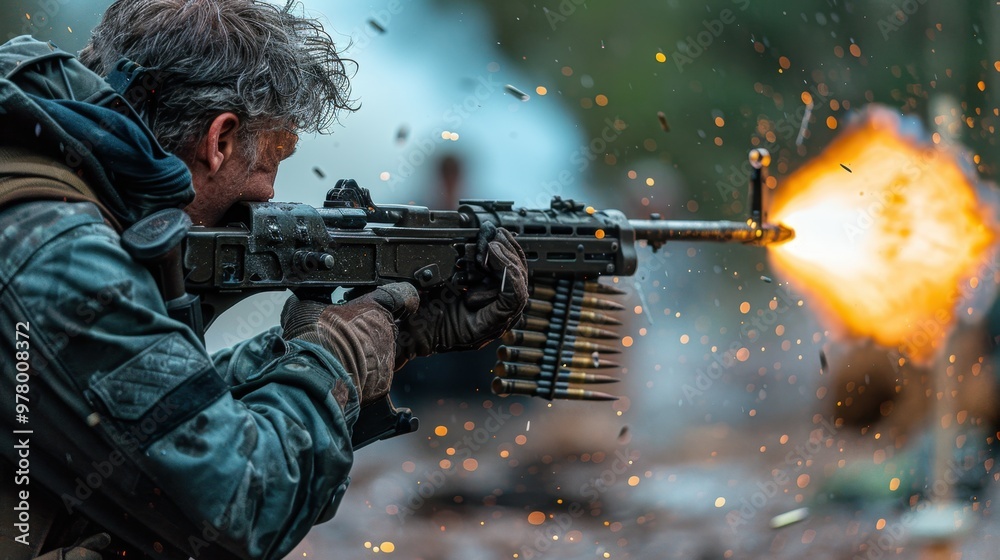 A soldier lying down shoots a machine gun. A military man makes shots ...
