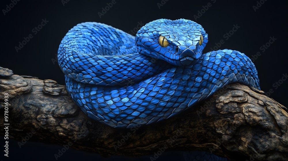 Blue venomous pit viper coiled on a tree branch in a dark forest ...