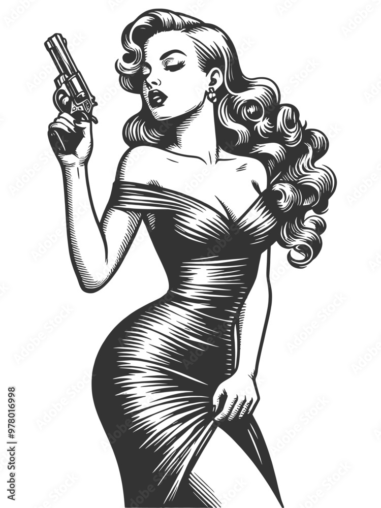 Vecteur Stock glamorous pin-up woman in an elegant dress,with a revolver, vintage charm with a ...