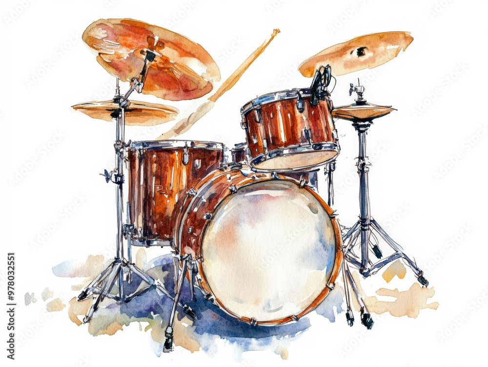 A beautifully rendered watercolor drum set featuring shining cymbals ...