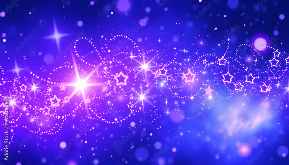Purple and blue beautiful bright glowing shiny star particles flying in the galaxy in space ...