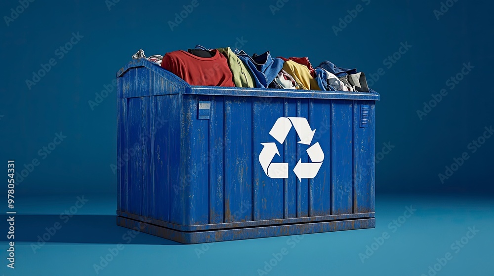 Clothing recycling bin with a white logo, filled with old shirts and ...