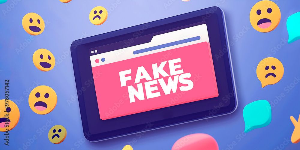 Tablet screen illustration with "fake news" message and emoticons full ...