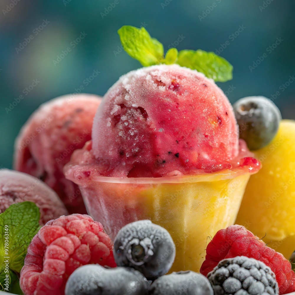 Refreshing fruit sorbets with depth of field showcasing vibrant colors ...