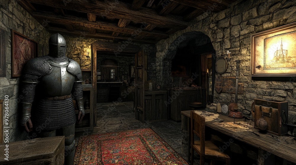 Medieval castle tour with tourists, historical displays, suits of armor ...