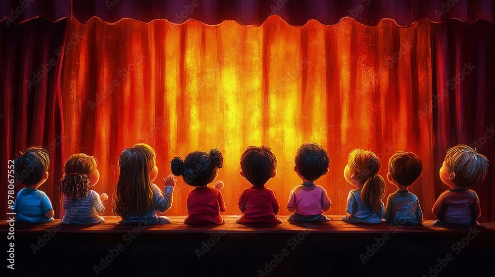 Puppet show with puppets performing, children watching, colorful stage ...