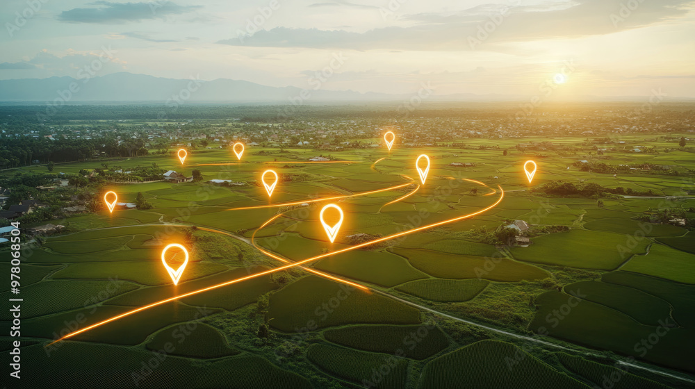 A field with a bunch of orange dots that look like road signs. The dots ...