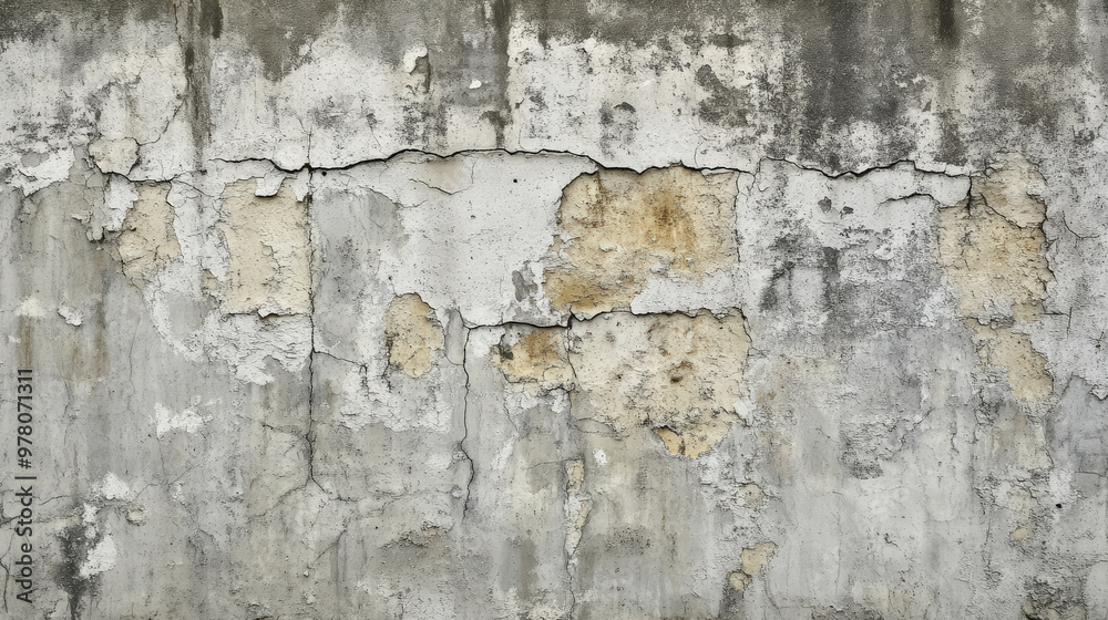 A weathered concrete wall with deep cracks and rough patches of ...