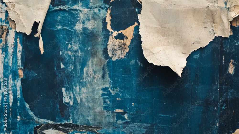 A weathered poster with torn patches revealing blue paper underneath ...