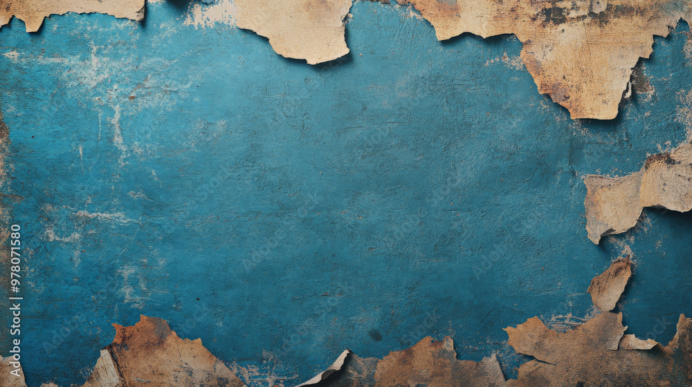 A weathered poster with torn patches revealing blue paper underneath ...