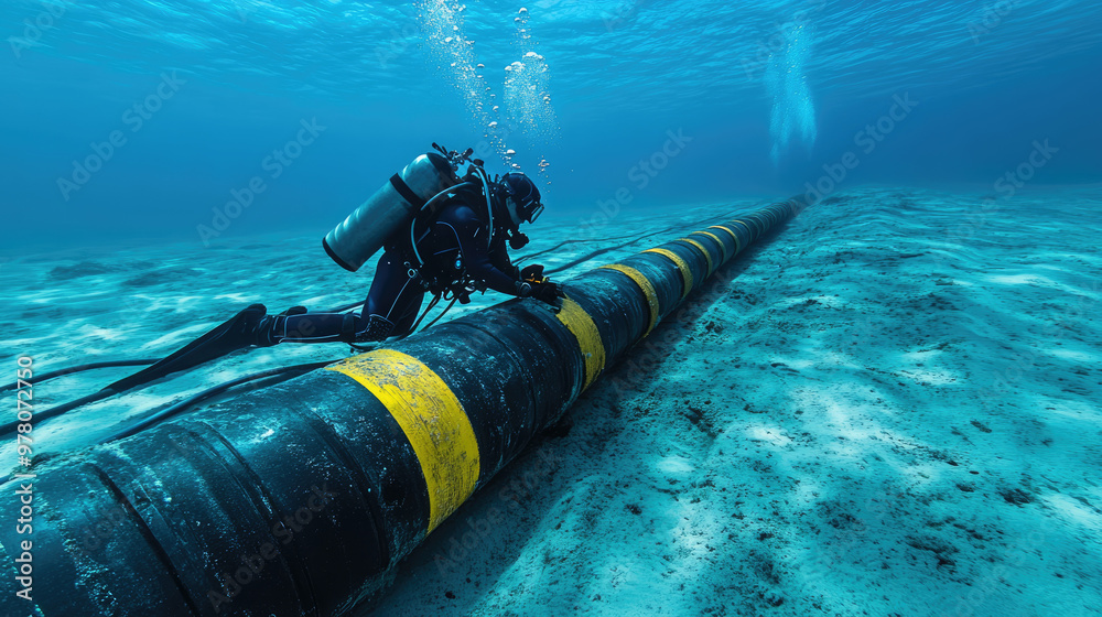 A man in a black wet suit is working on a pipe underwater. Concept of ...