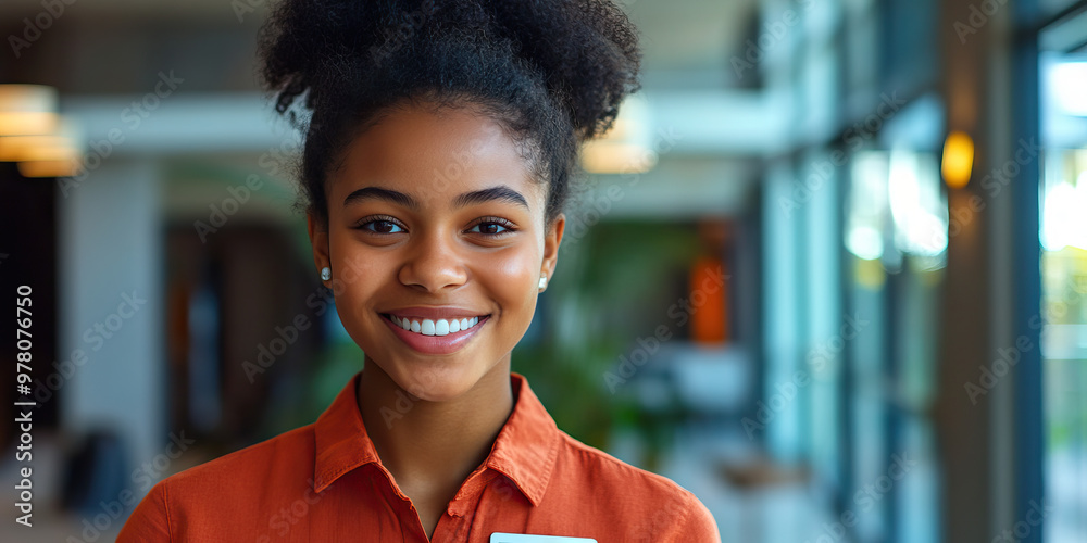 Eager Intern: A young person with a bright smile, wearing a name tag ...