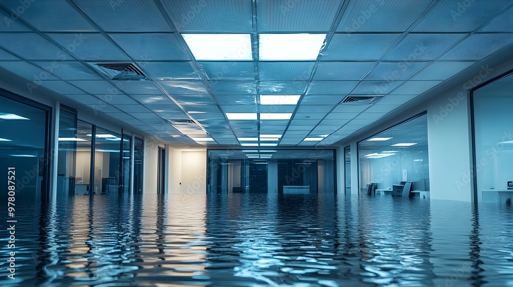 Flood-damaged office ceiling tiles dripping water onto computer ...