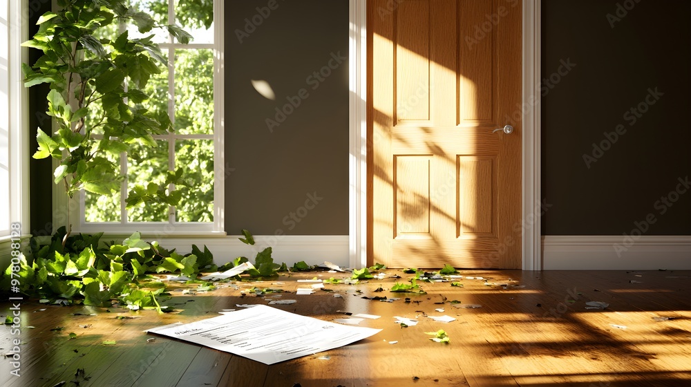 Swollen wooden door frame in a flood-damaged living room, paint peeling ...