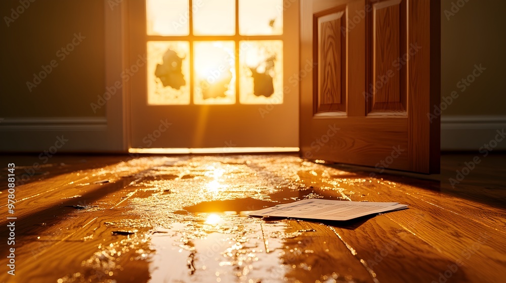 Swollen wooden door frame in a flood-damaged living room, paint peeling ...