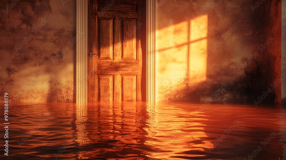 Swollen wooden door in a flooded home, close-up showing texture of ...