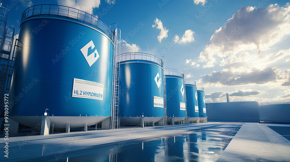 Large storage tanks with H2 and HYDROGEN labels on a blue sky ...