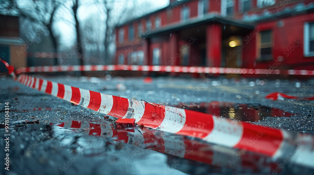 photo of stretched striped police tape against blurred city buildings ...