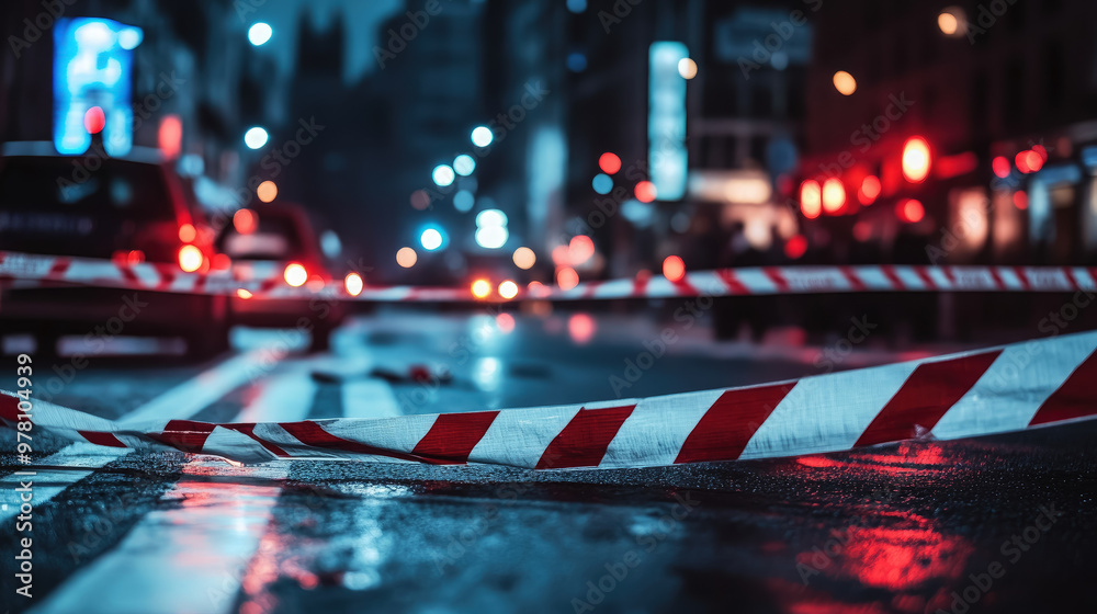 photo of stretched striped police tape against blurred city buildings ...