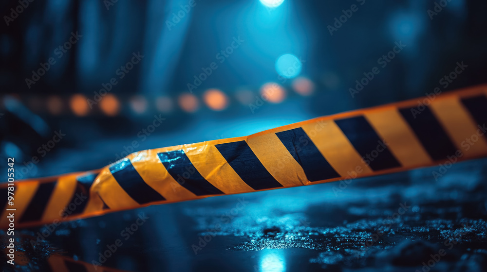 photo of stretched striped police tape against blurred city buildings ...