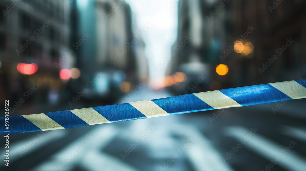 photo of stretched striped police tape against blurred city buildings ...