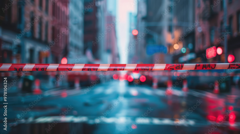 photo of stretched striped police tape against blurred city buildings ...