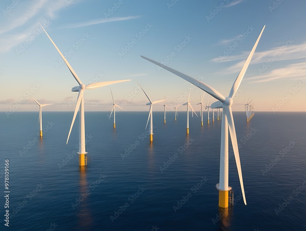 An offshore wind farm stands tall amidst blue waters and under ...