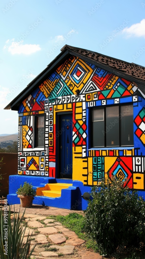 Intricate patterns of hand-painted Ndebele house in South Africa Stock ...