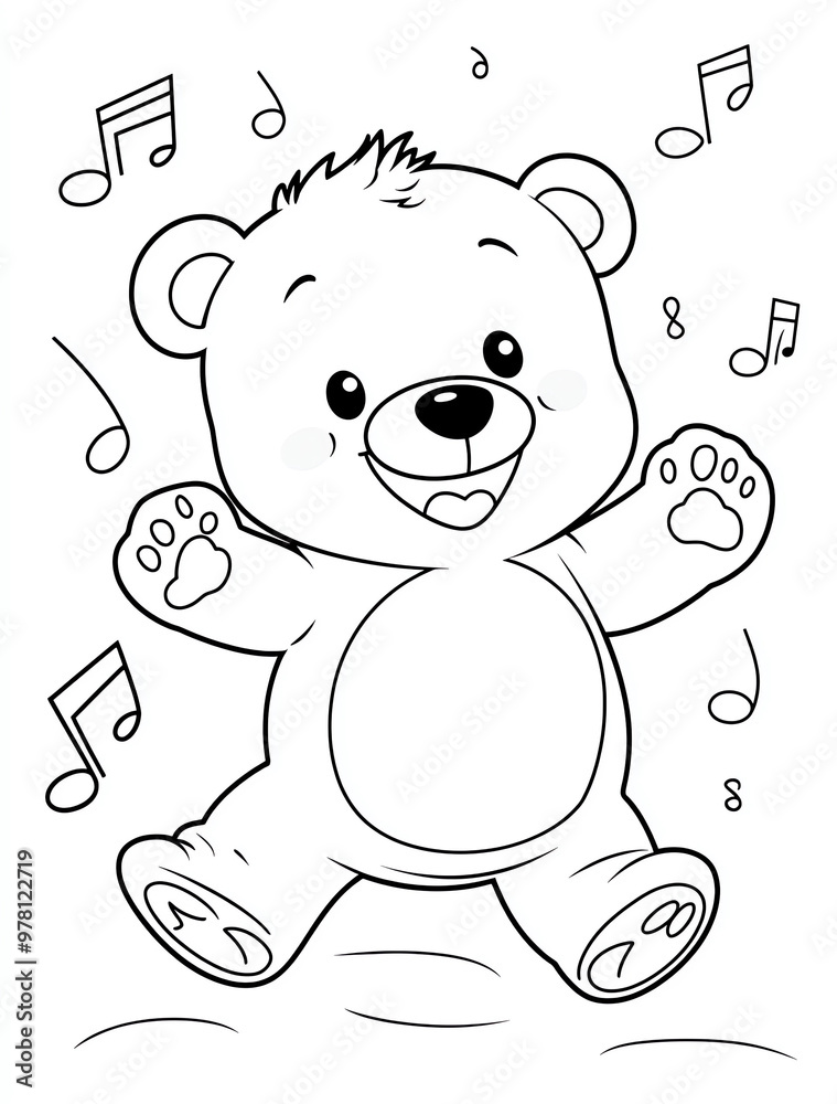 Coloring page for kids, teddy bear dancing to music, cartoon style ...