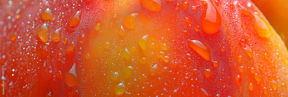 Um close vibrante de um pêssego suculento brilhando com orvalho ...