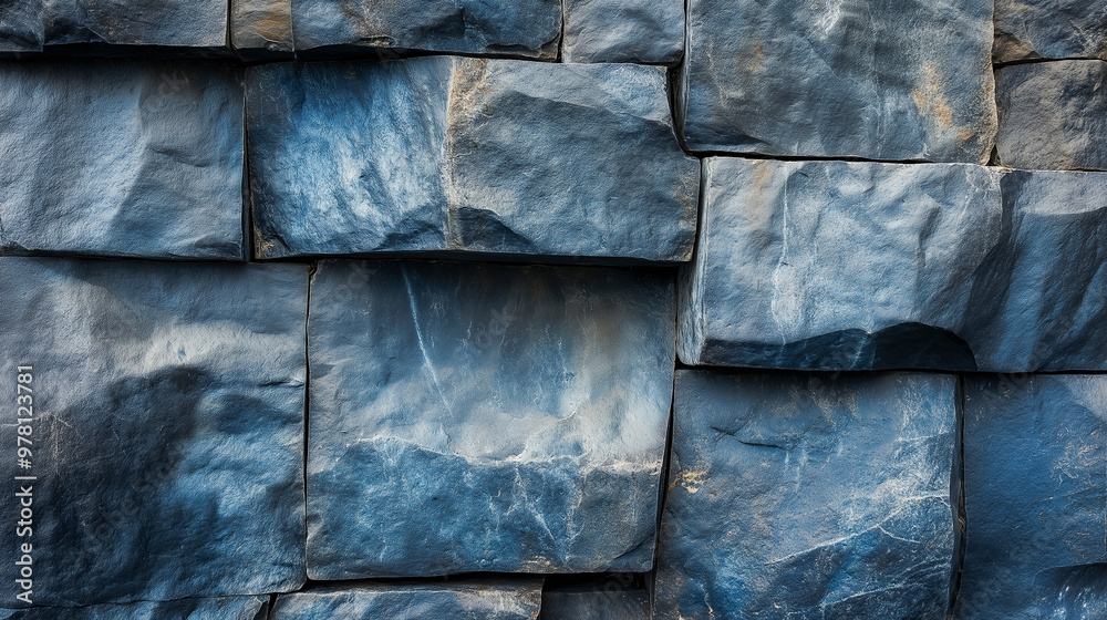 Um close-up de uma superfície de parede de pedra azul texturizada. A ...