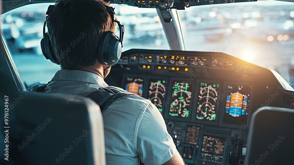 Commercial airplane pilot in the cockpit performing pre-flight checks ...