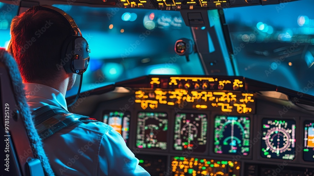 Commercial airplane pilot in the cockpit performing pre-flight checks ...