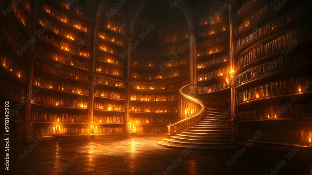 Dark, candlelit ancient library with towering shelves filled with ...